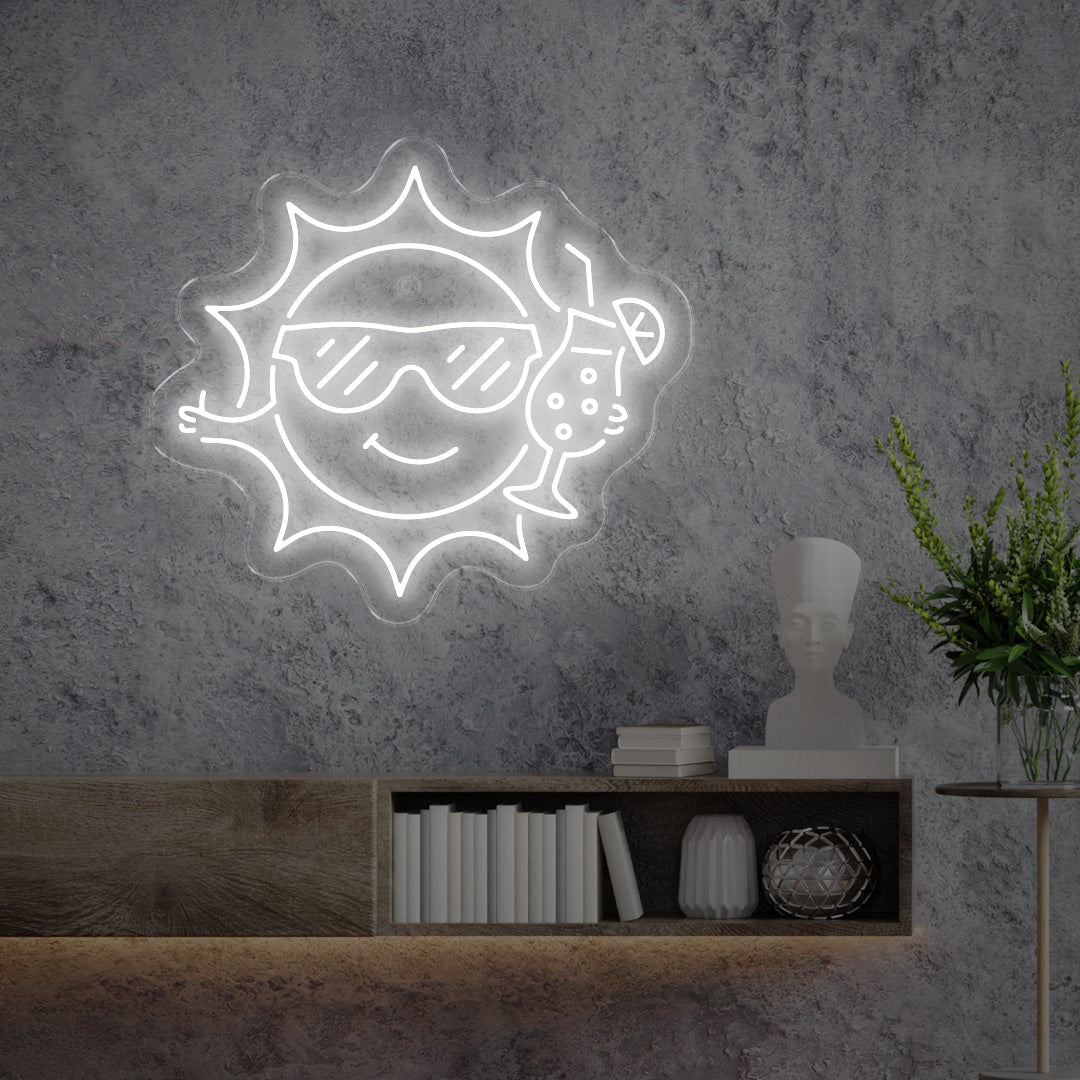 Cartoon Sun Drinking Cocktail LED Neon Sign – Sip ‘n’ Vibe